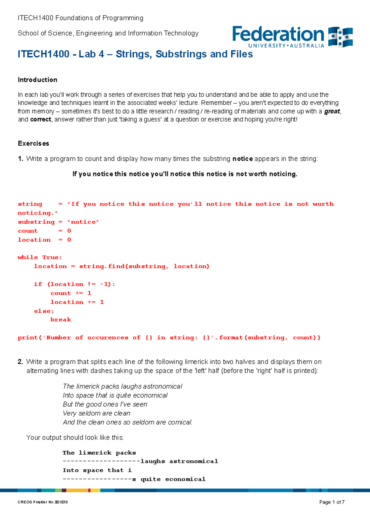 Lab 04 - Strings, Substrings and Files Answers - School of Science, Engineering and Information ...