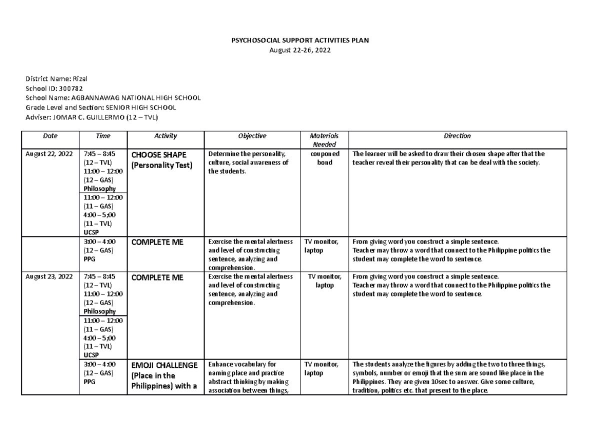 Activity plan - Database - PSYCHOSOCIAL SUPPORT ACTIVITIES PLAN August ...
