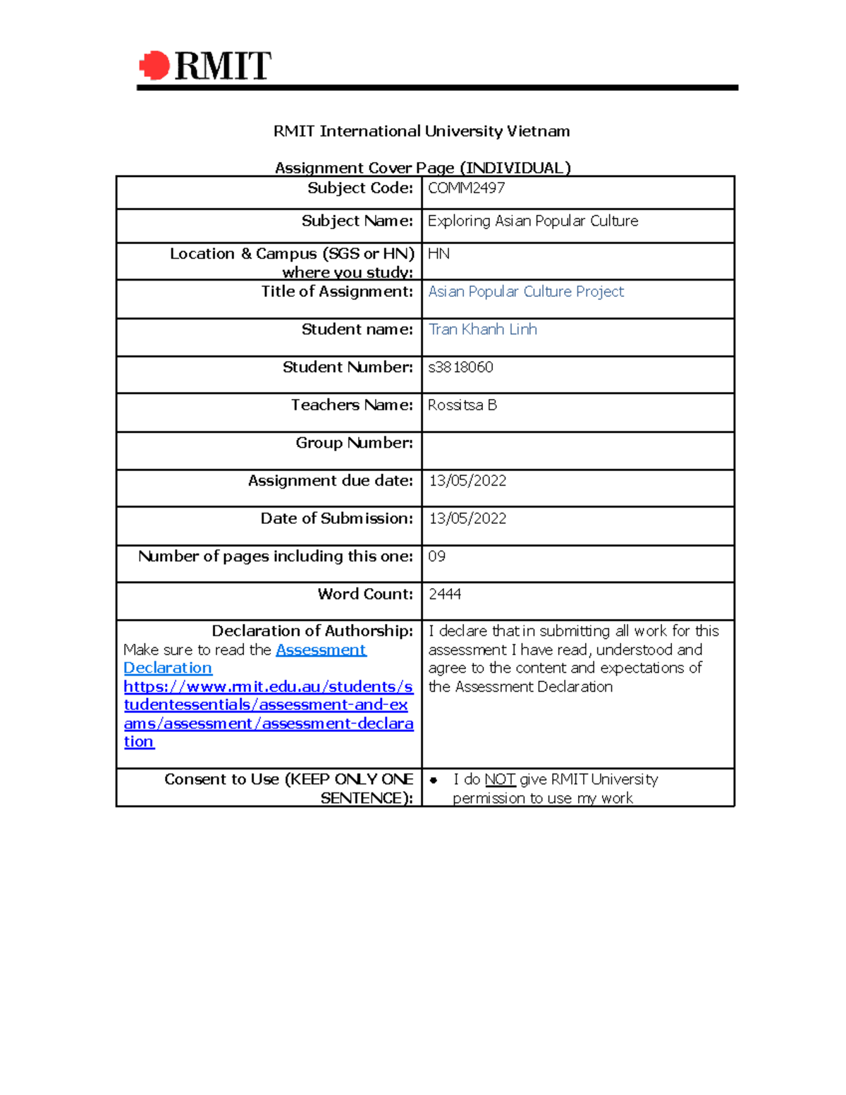 Tran Khanh Linh s3818060 Final Project - RMIT International University ...