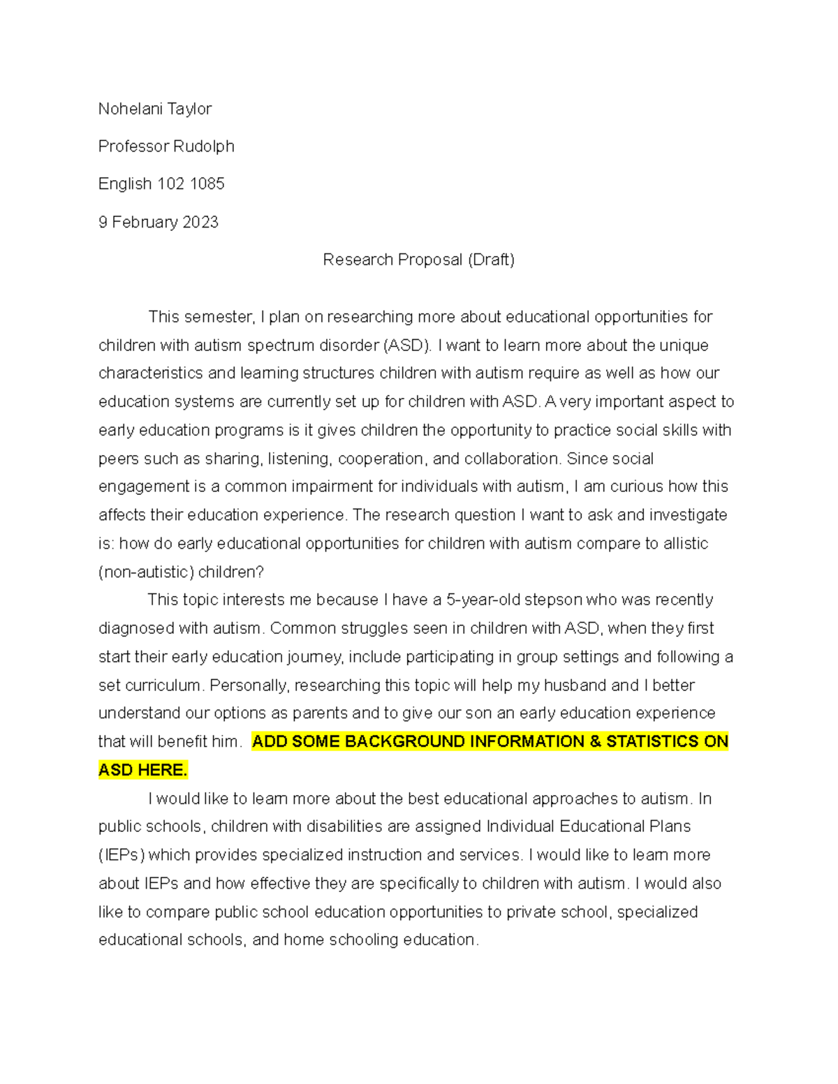 Research Proposal (Draft) Nohelani Taylor - Nohelani Taylor Professor ...