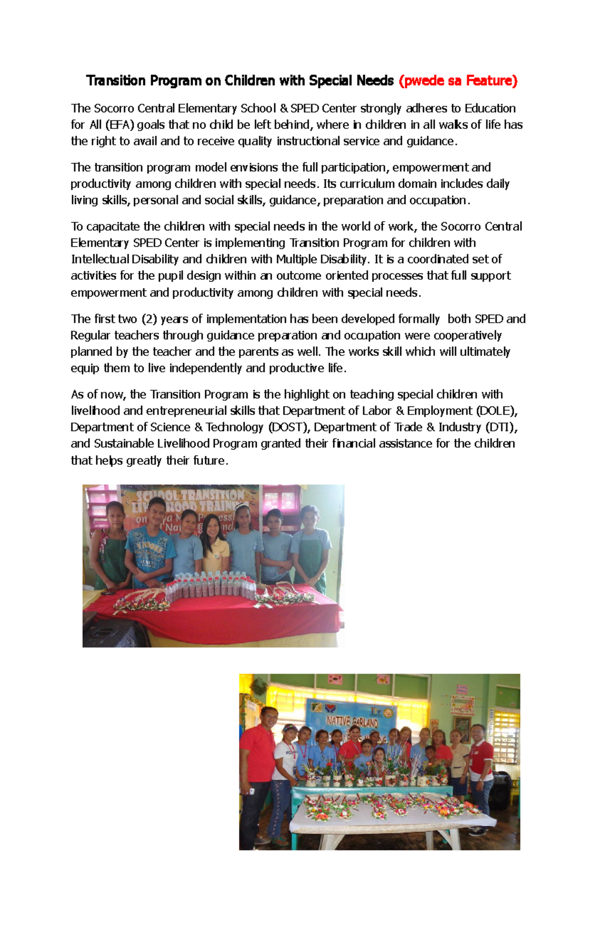 Transition Program on Children with Special Needs - The transition ...