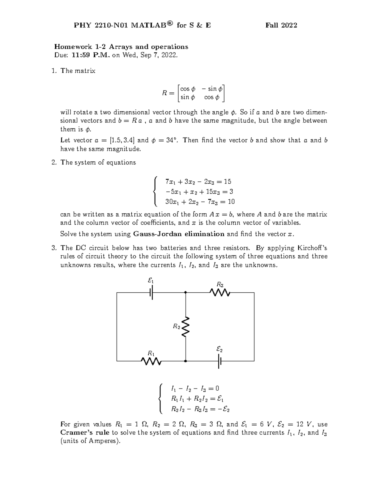 Phy 2210 Matlab Homework 1 2 Phy 2210 N01 Matlab ©r For S And E Fall 2022 Homework 1 2 Arrays
