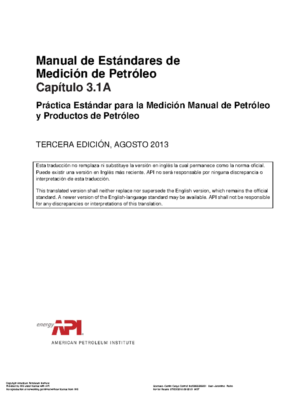 API MPMS Chapter 3.1A-2013 - Manual de Estándares de Medición de Petróleo Capítulo 3 Práctica ...