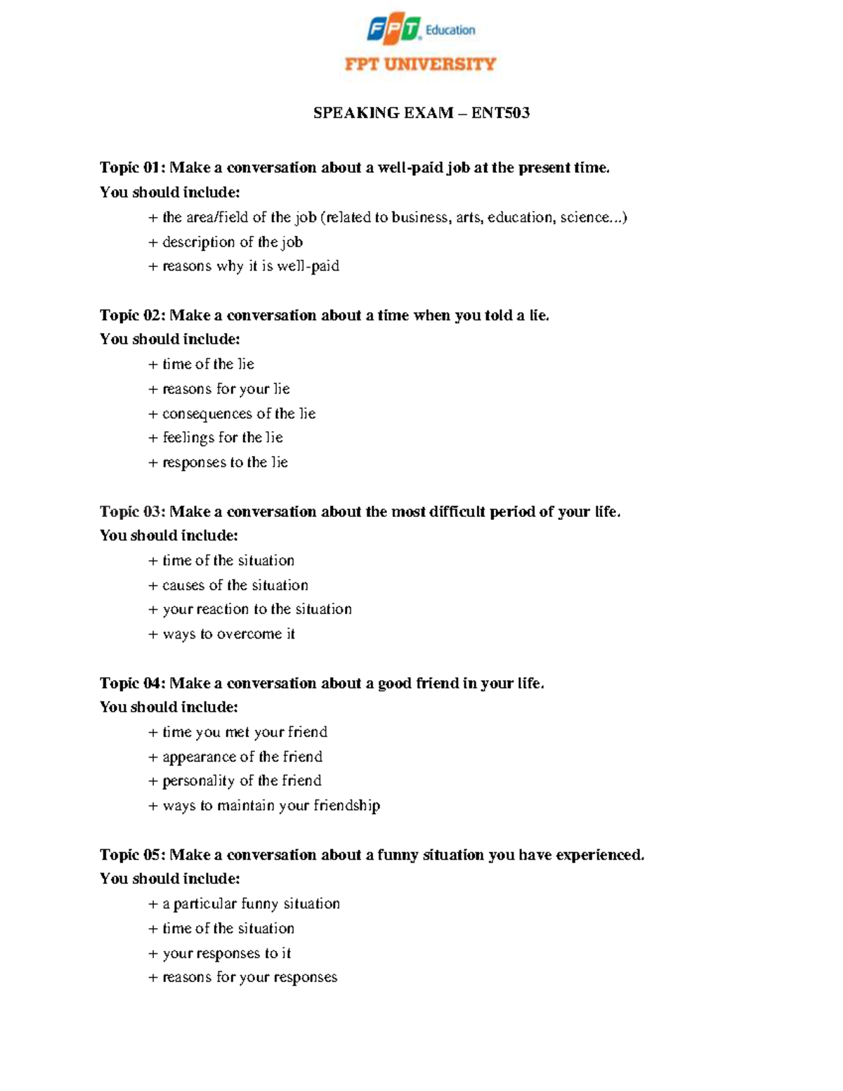 ENT503 SU23 H2 FE Speaking Topics SV - SPEAKING EXAM – ENT Topic 01 ...