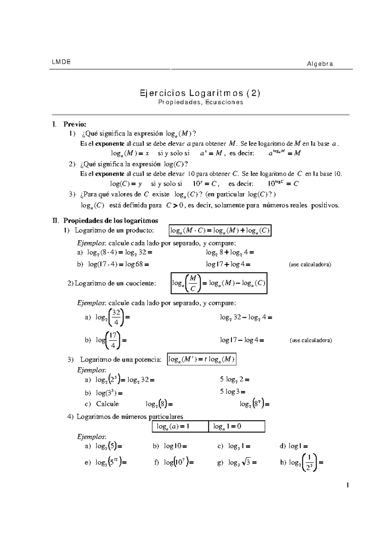 2 exp log 2 final 1 - Ejercicios de logaritmos - LMDE Algebra Ejercicios Logaritmos (2 ...