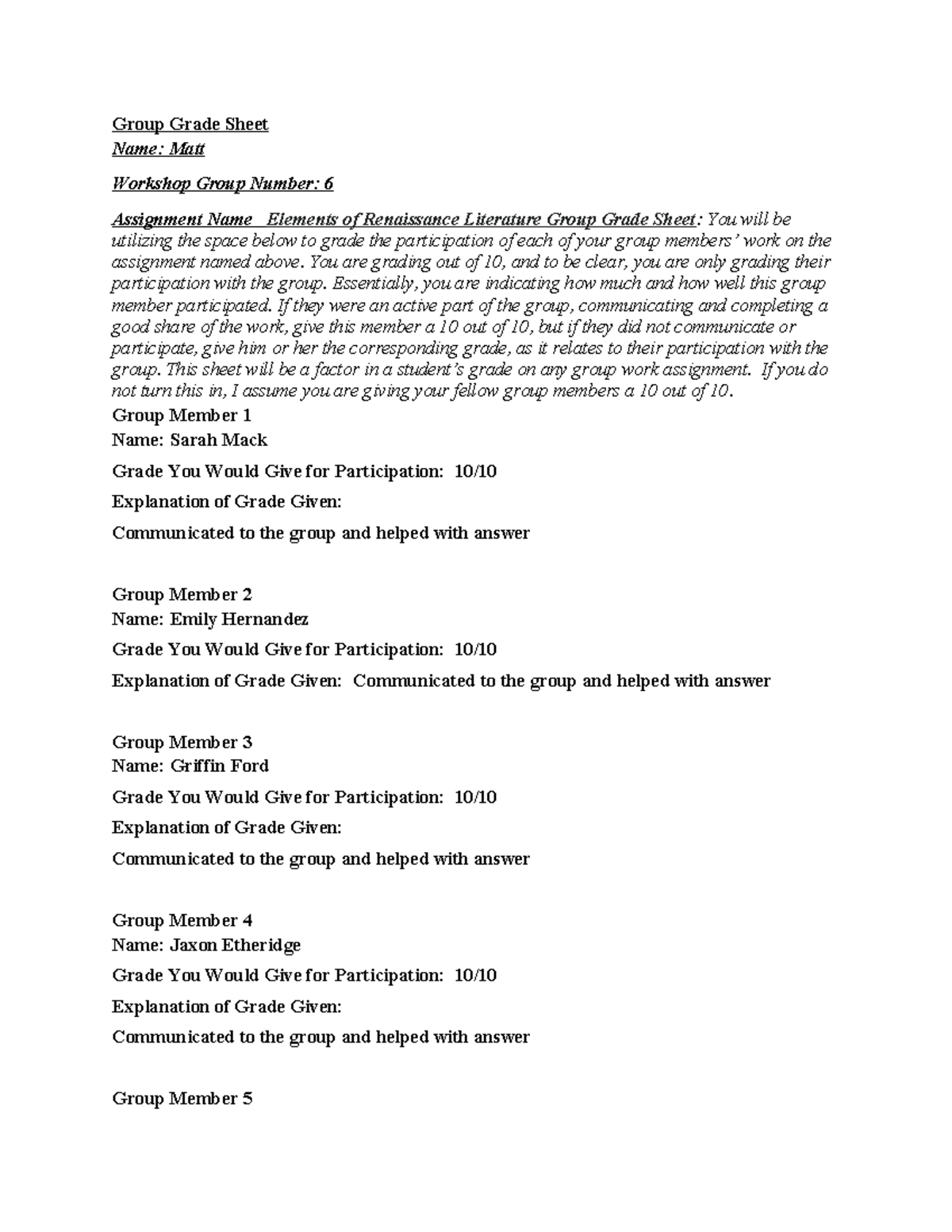 Elements of reinaissance Literature Group Grade Sheet - You are grading ...