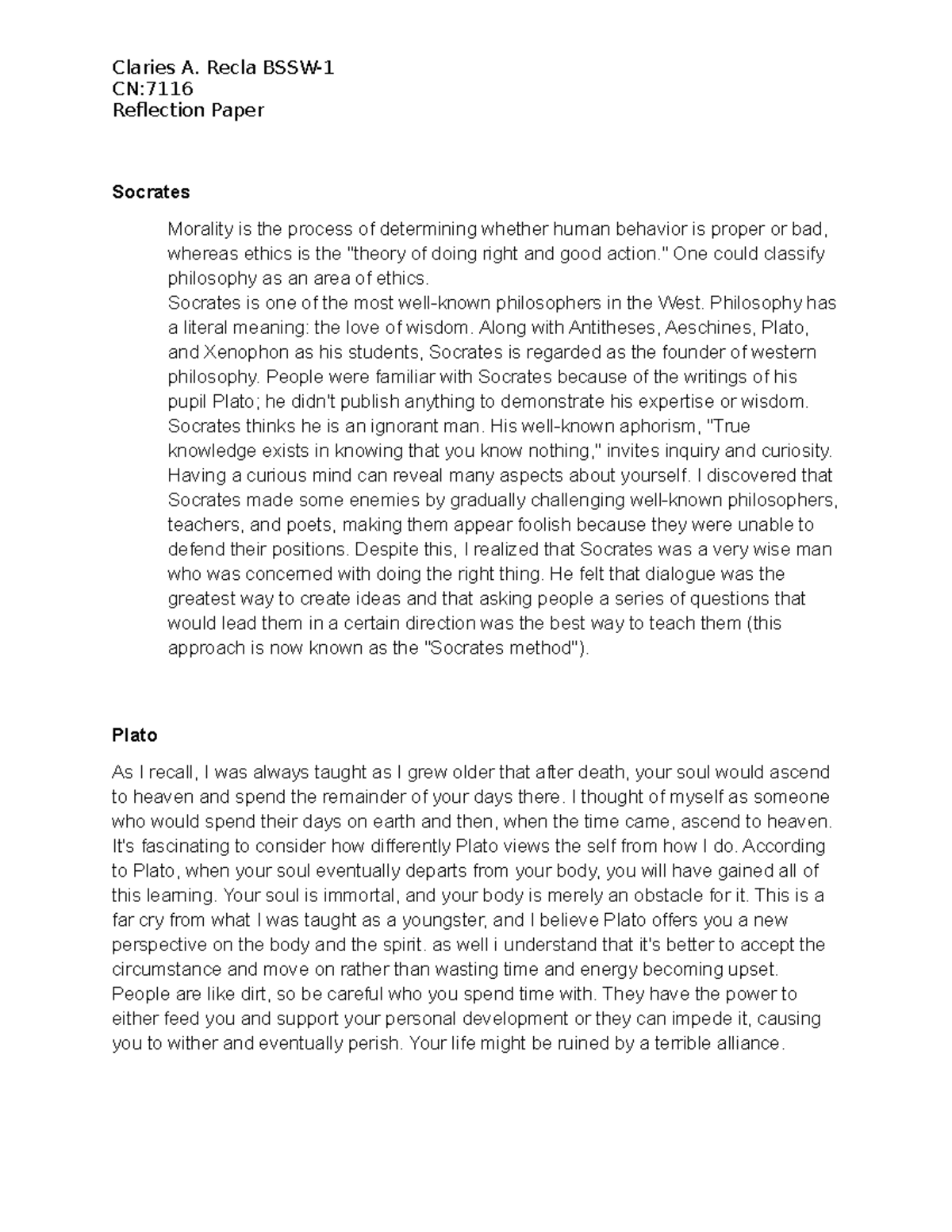 Ethics-reflection - CN: Reflection Paper Socrates Morality is the ...