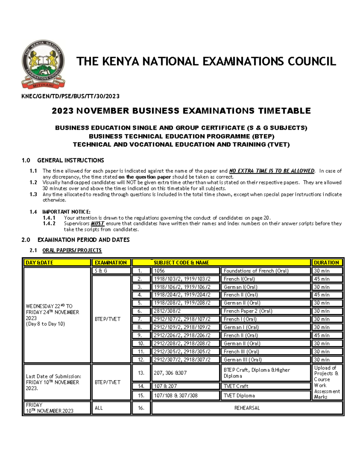 November 2023 Business Timetable - THE KENYA NATIONAL EXAMINATIONS ...