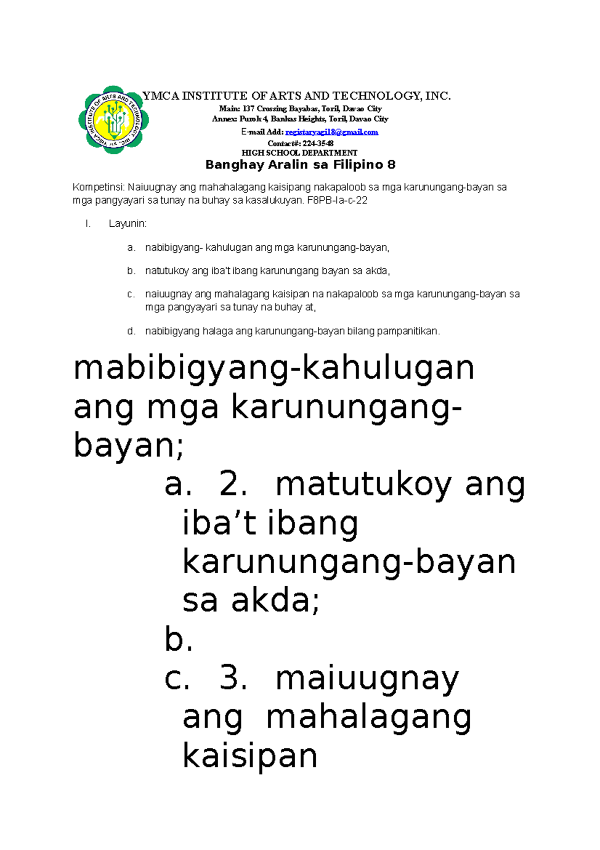 Grade 8 first quarter and first lesson - YMCA INSTITUTE OF ARTS AND ...