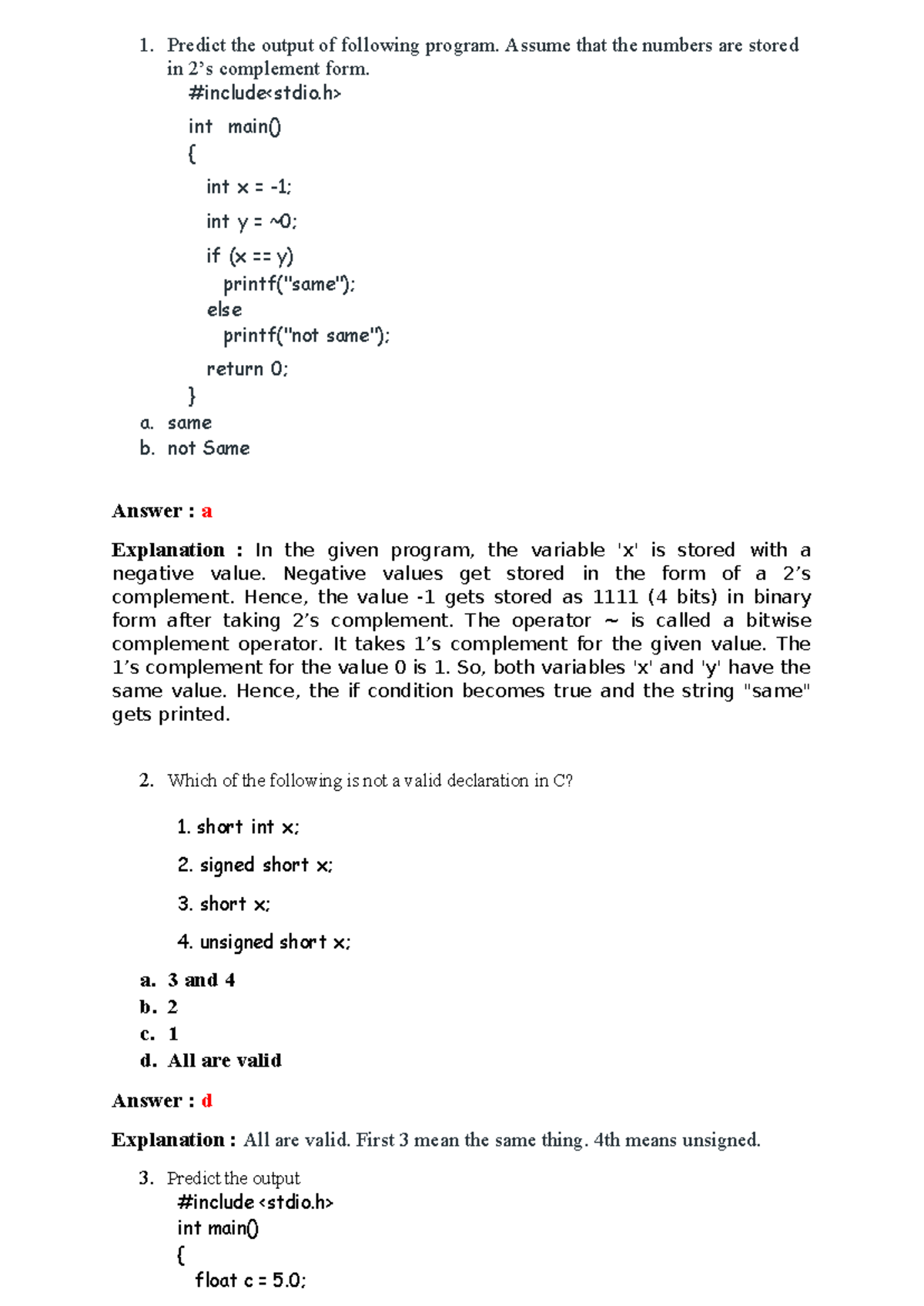 Data types - 1. Predict the output of following program. Assume that ...