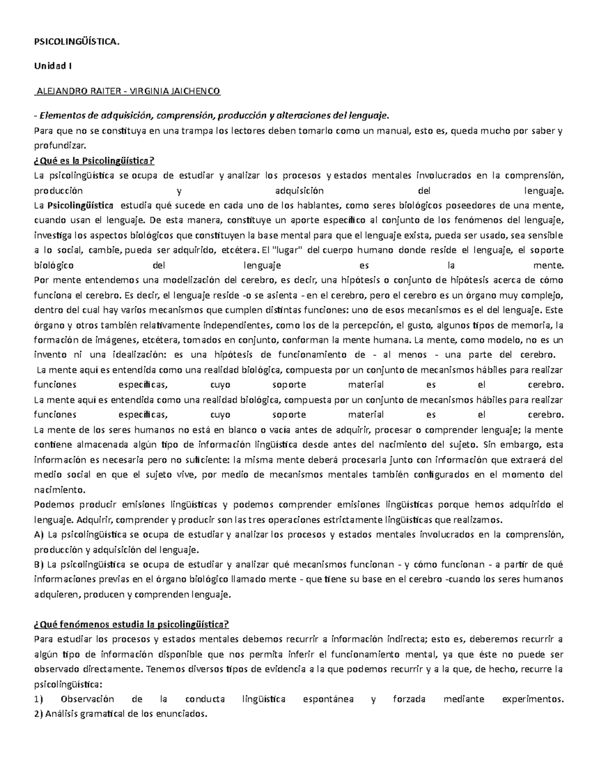 Unidad I. Resúmen. Psicolingüística - PSICOLINGÜÍSTICA. Unidad I ...