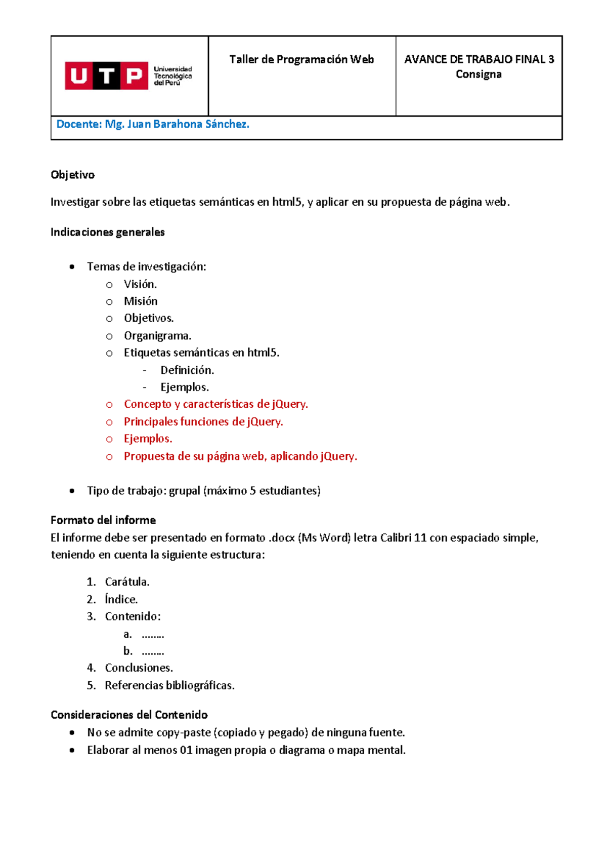 TA3(indicaciones) - TA3(indicaciones) - Taller de Programación Web AVANCE DE TRABAJO FINAL 3 ...