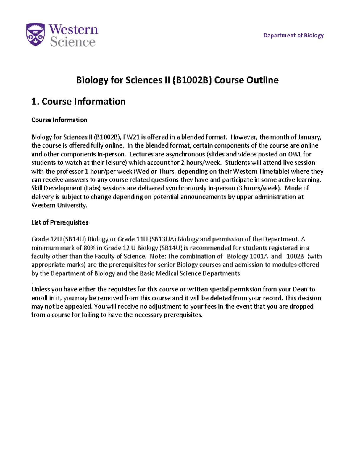 Bio course outline - Department of Biology Biology for Sciences II ...