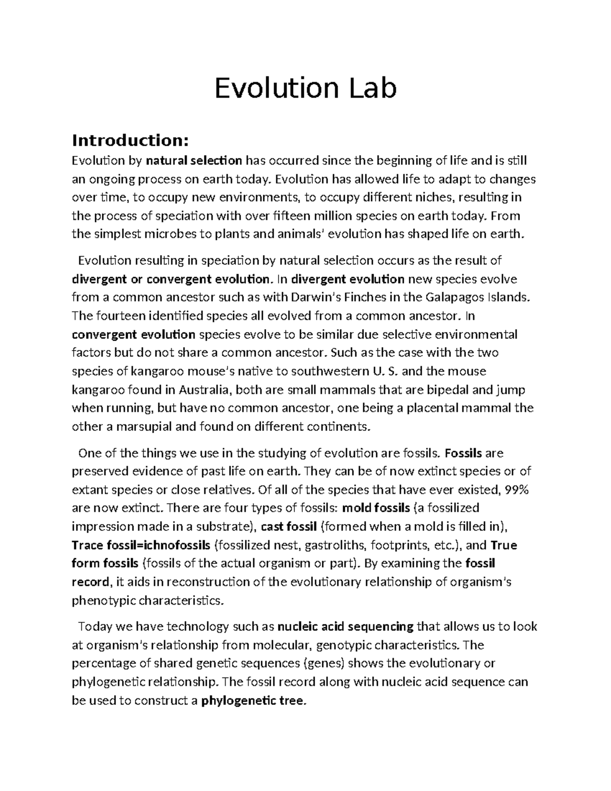 Bio 104-Evolution Lab - Evolution Lab Introduction: Evolution by ...