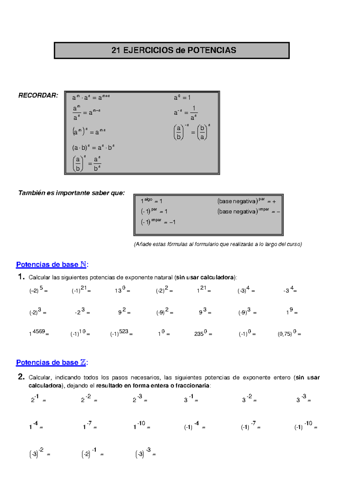 Problemas DE Exponentes 3 - 21 EJERCICIOS de POTENCIAS RECORDAR ...