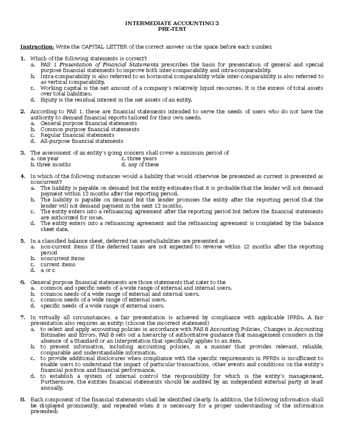 Sample Test Intermediate Accounting - INTERMEDIATE ACCOUNTING 3 PRE ...