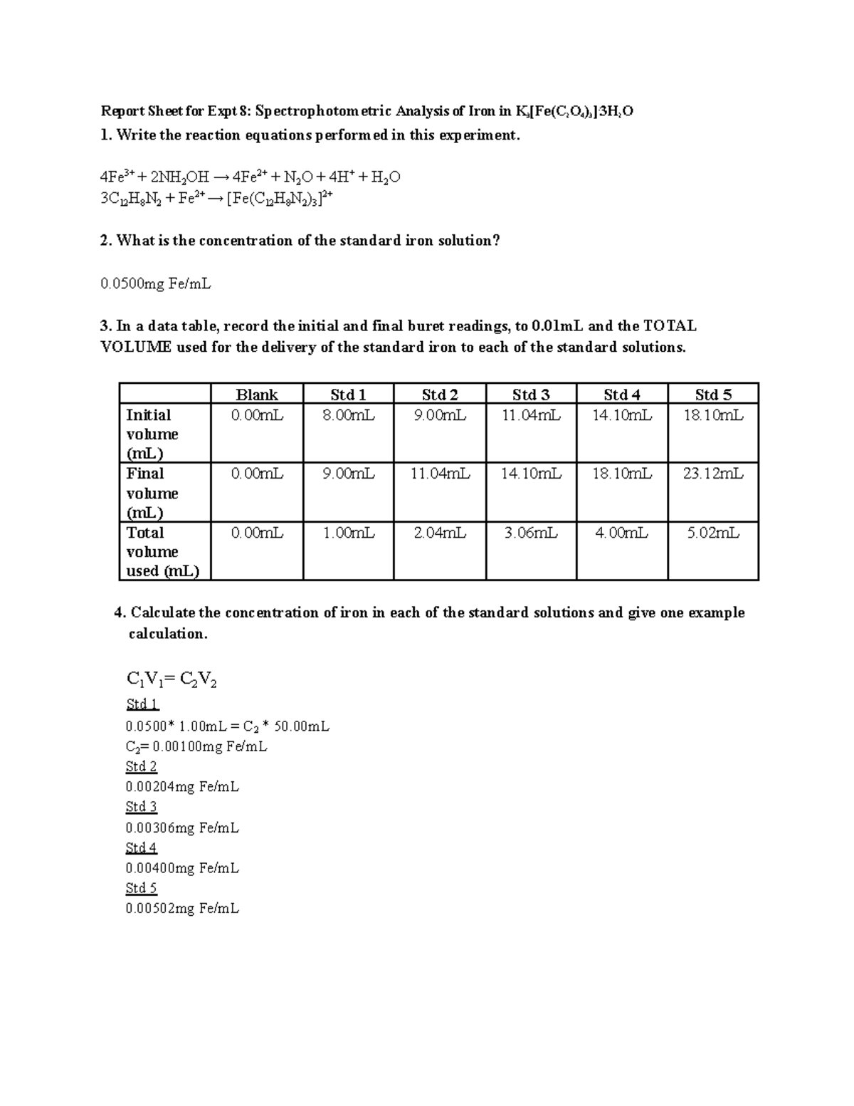 Report Sheet for Expt 8 Spectrophotometric Analysis of Iron in K3[Fe ...