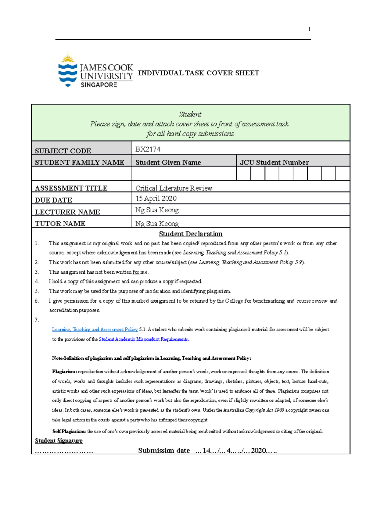 BX2174 assessment 1 - INDIVIDUAL TASK COVER SHEET Student Please sign ...