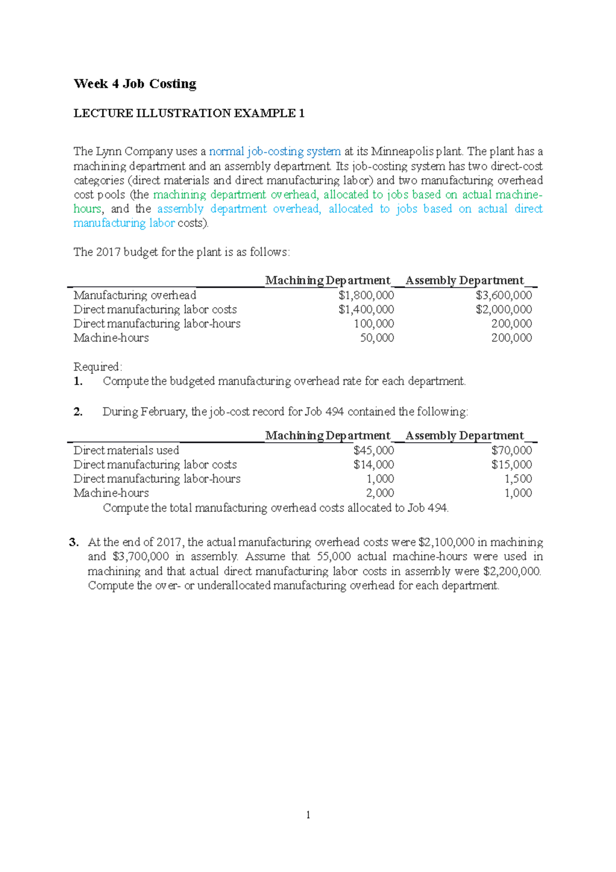4b Week 4 Lecture Examples-Chp 4 Suggested Solutions - Week 4 Job Costing LECTURE ILLUSTRATION ...
