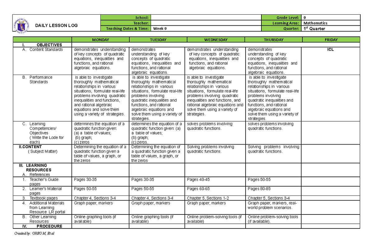 Math9 Wk9 - Hope it can help. - DAILY LESSON LOG School: Grade Level: 9 ...
