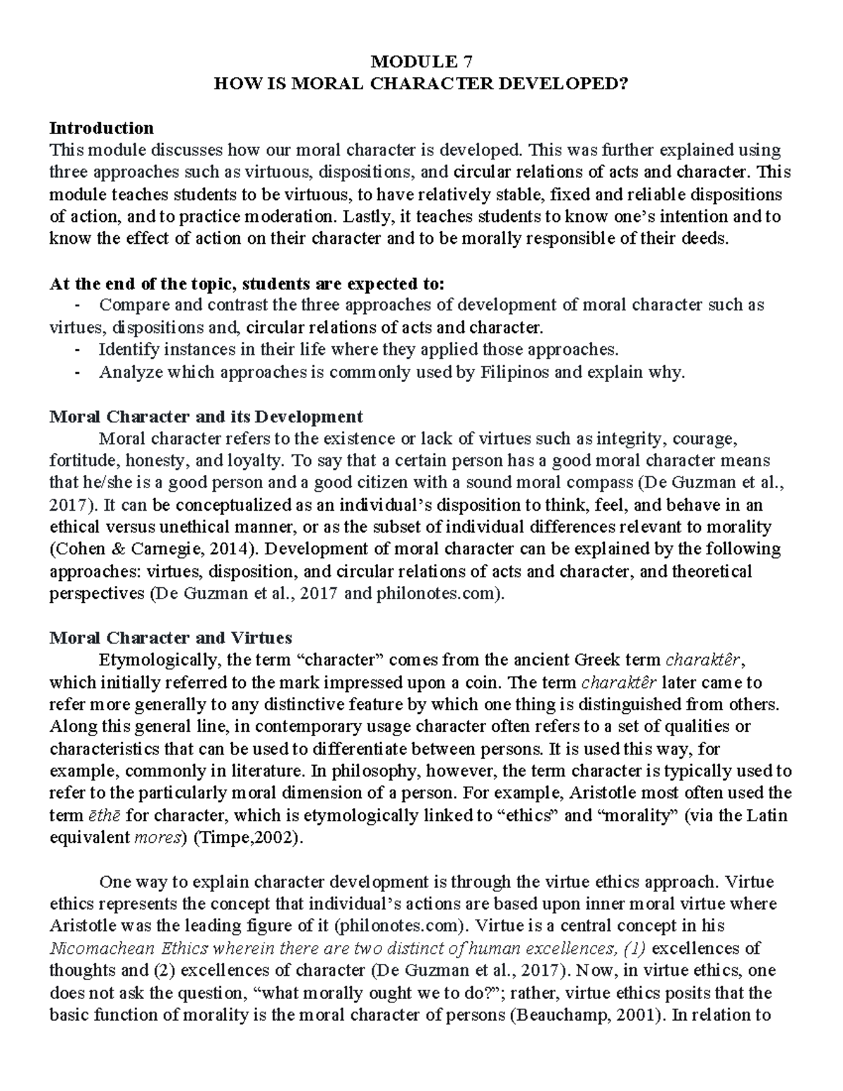 Module 7-1 - .... - MODULE 7 HOW IS MORAL CHARACTER DEVELOPED ...