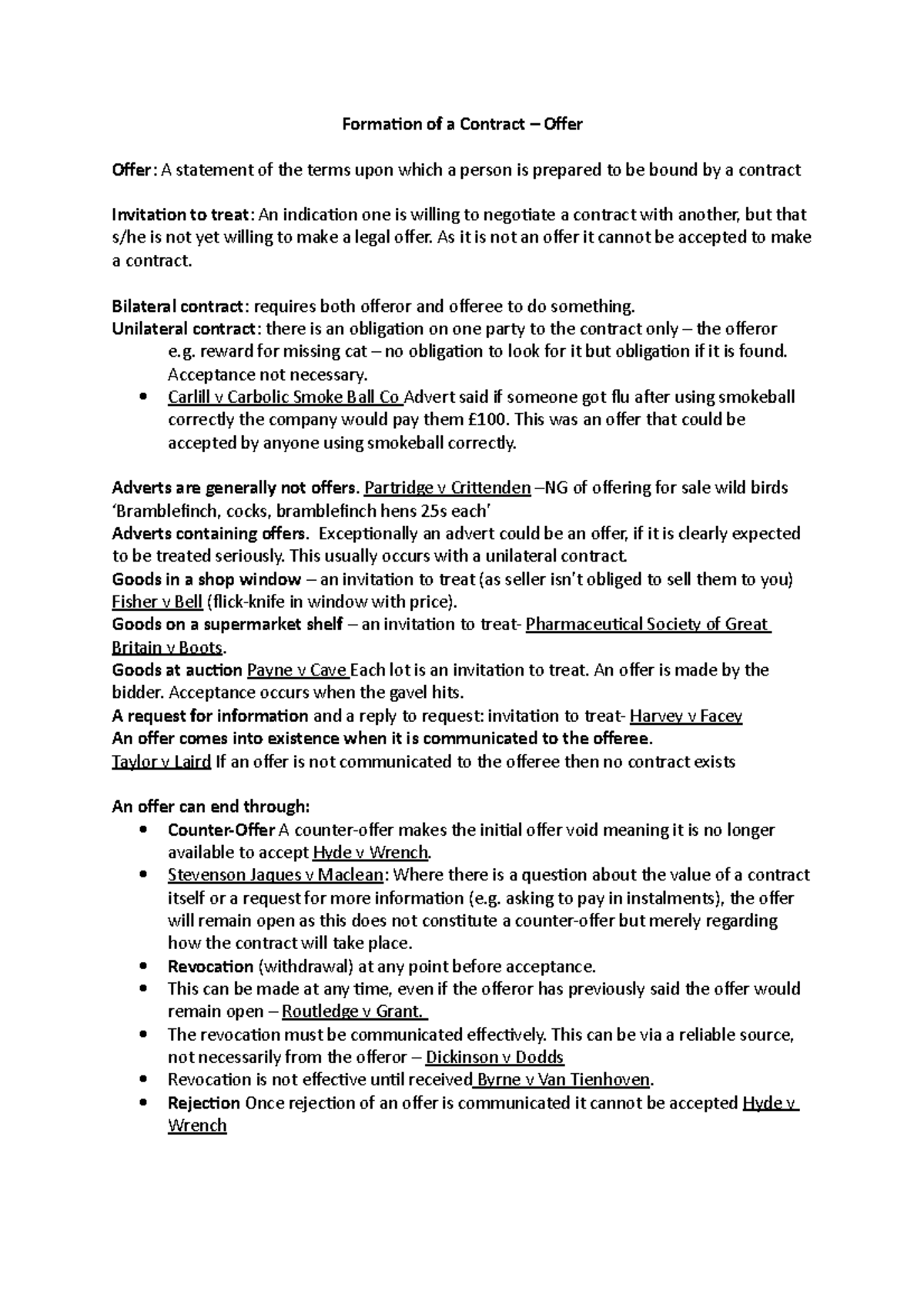 Offer and Acceptance - Summary Law of Contracts - Formation of a ...