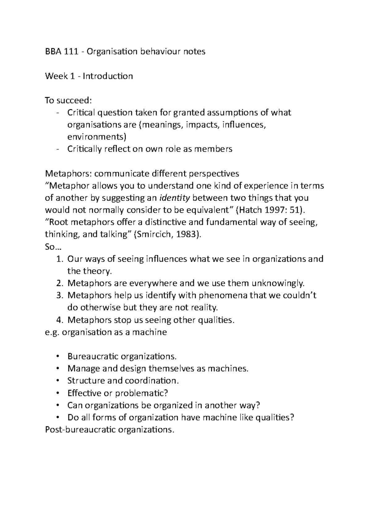 BBA 111 org behaviour week 1-3 notes - BBA Organisation behaviour notes ...