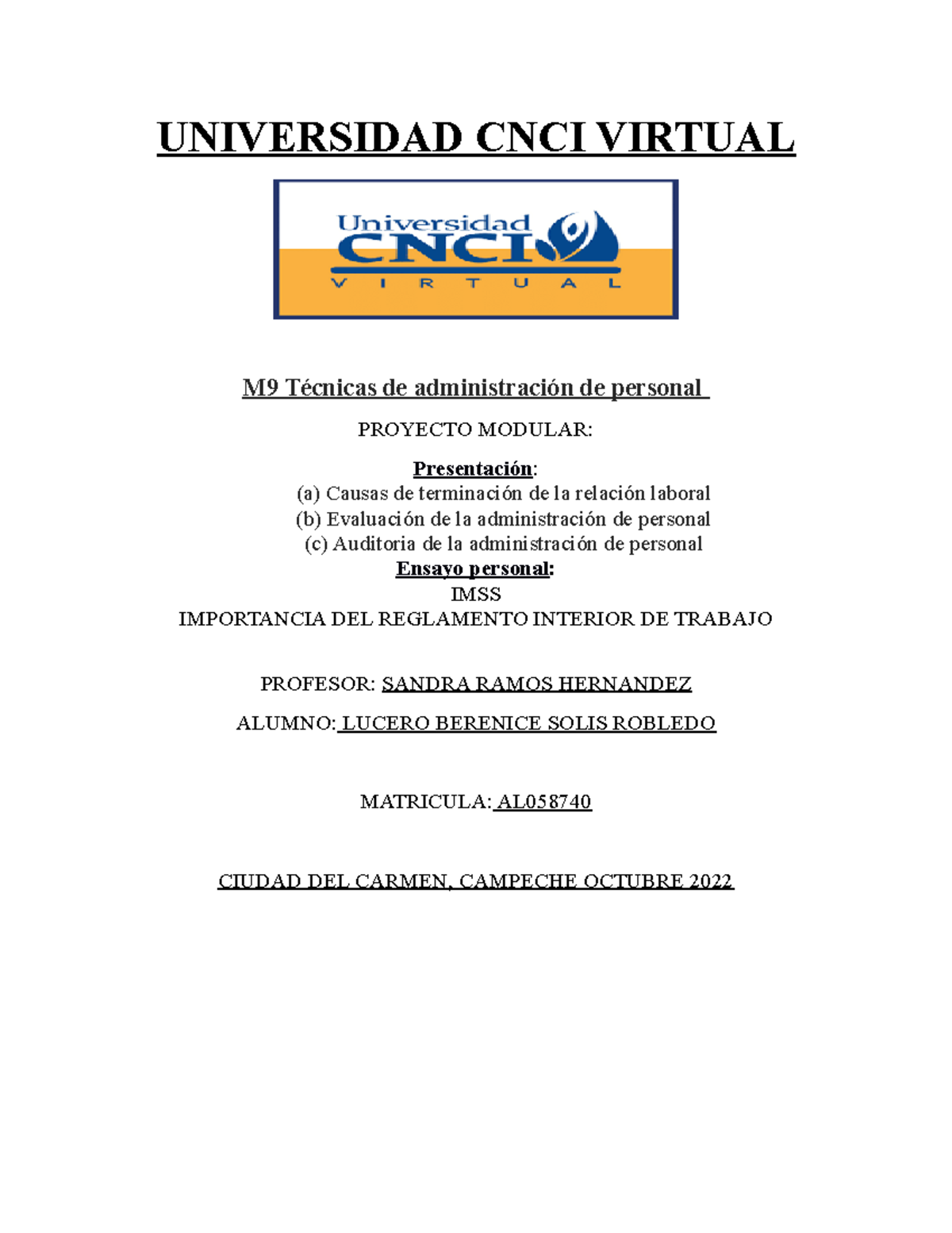 Proyecto Modular presentación - UNIVERSIDAD CNCI VIRTUAL M9 Técnicas de administración de ...