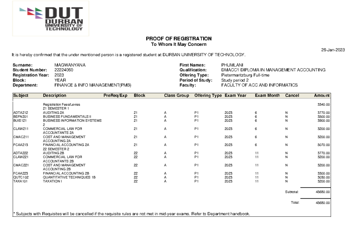 Web - Dut student - PROOF OF REGISTRATION To Whom It May Concern 26-Jan ...