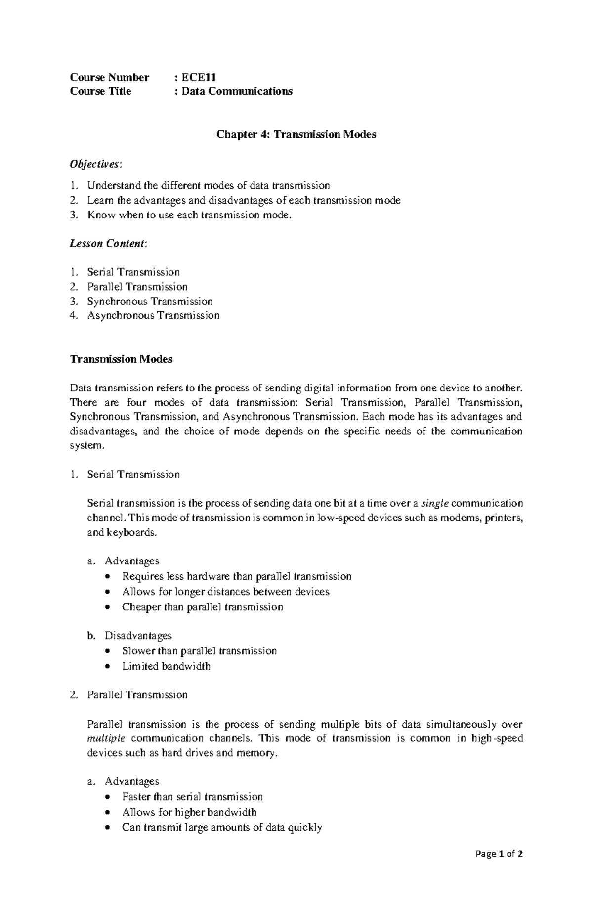 Chapter 4 - Transmission Modes - Page 1 of 2 Course Number : ECE Course ...