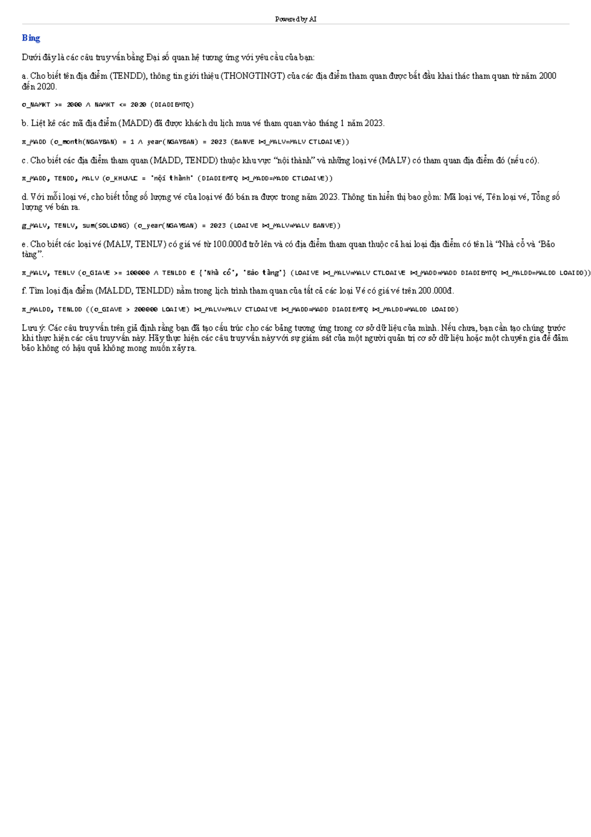 Answer - fsdfs - Powered by AI Bing Dưới đây là các câu truy vấn bằng Đại số quan hệ tương ứng ...