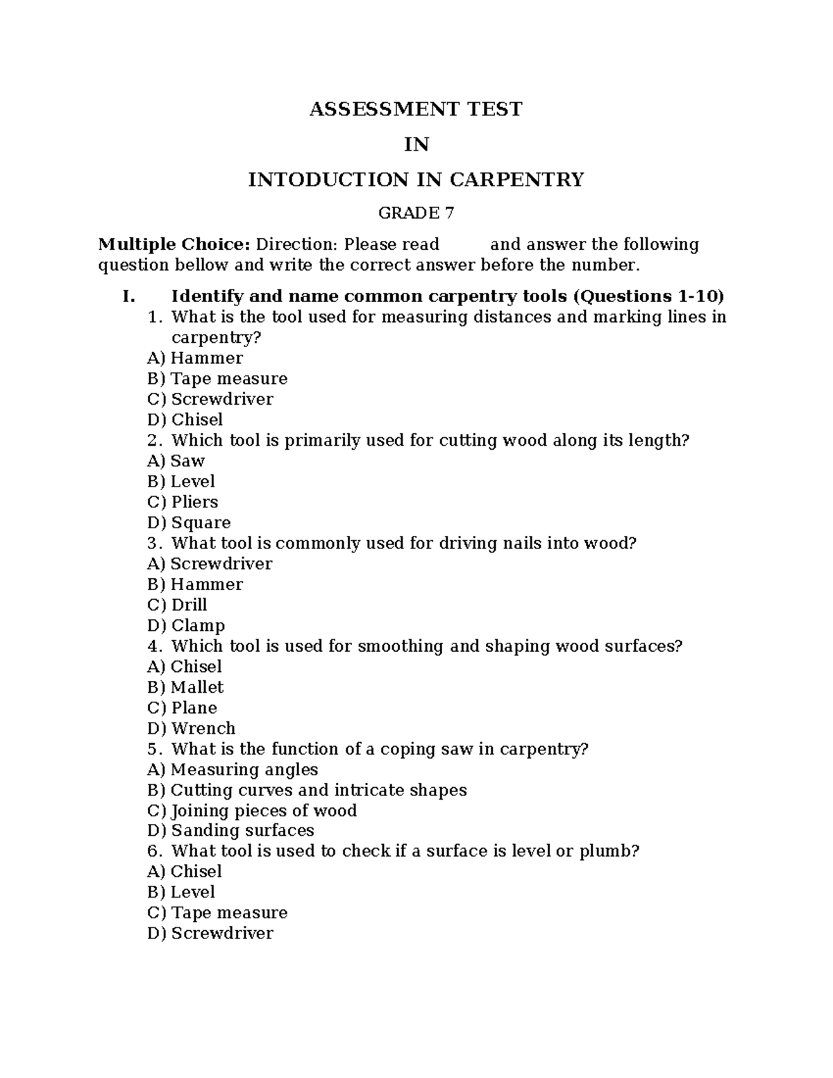 Carpentry - NONE - ASSESSMENT TEST IN INTODUCTION IN CARPENTRY GRADE 7 ...