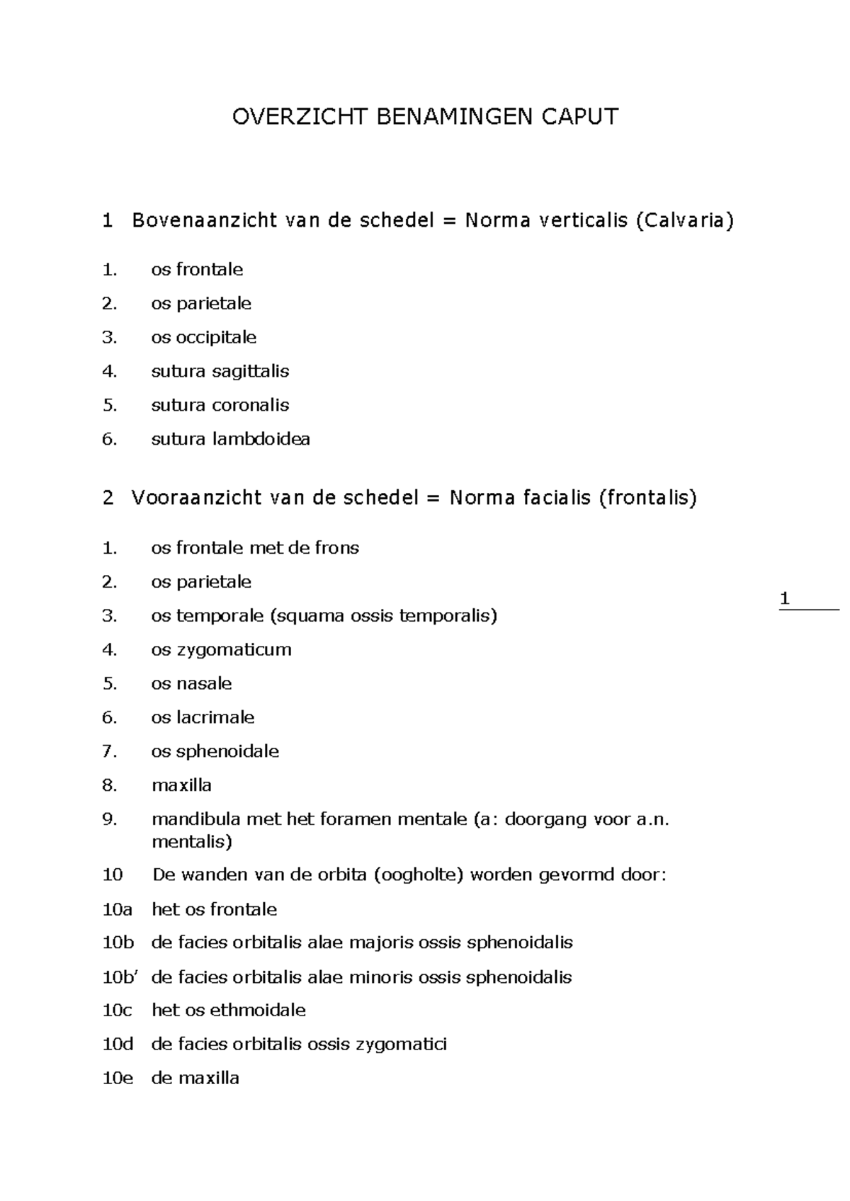 Overzicht benamingen van de schedel (nieuw V1) - 1 OVERZICHT BENAMINGEN ...