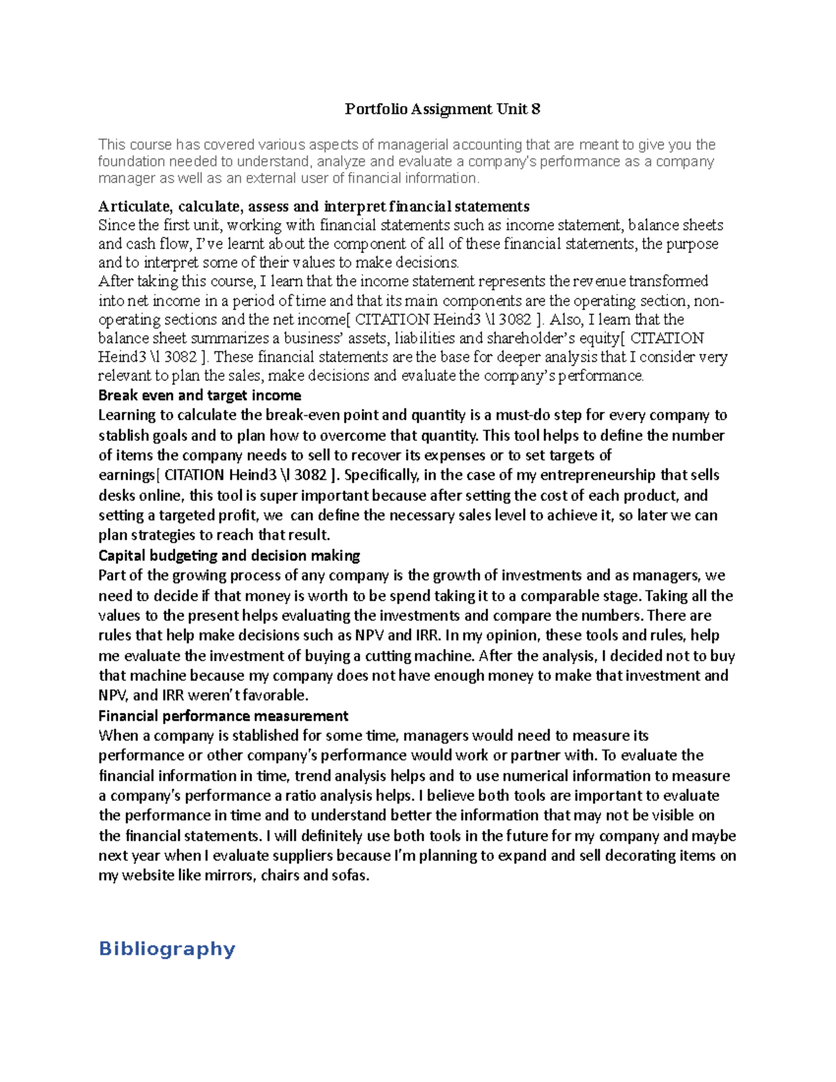 Portfolio Assignment Unit 8 - Articulate, calculate, assess and ...