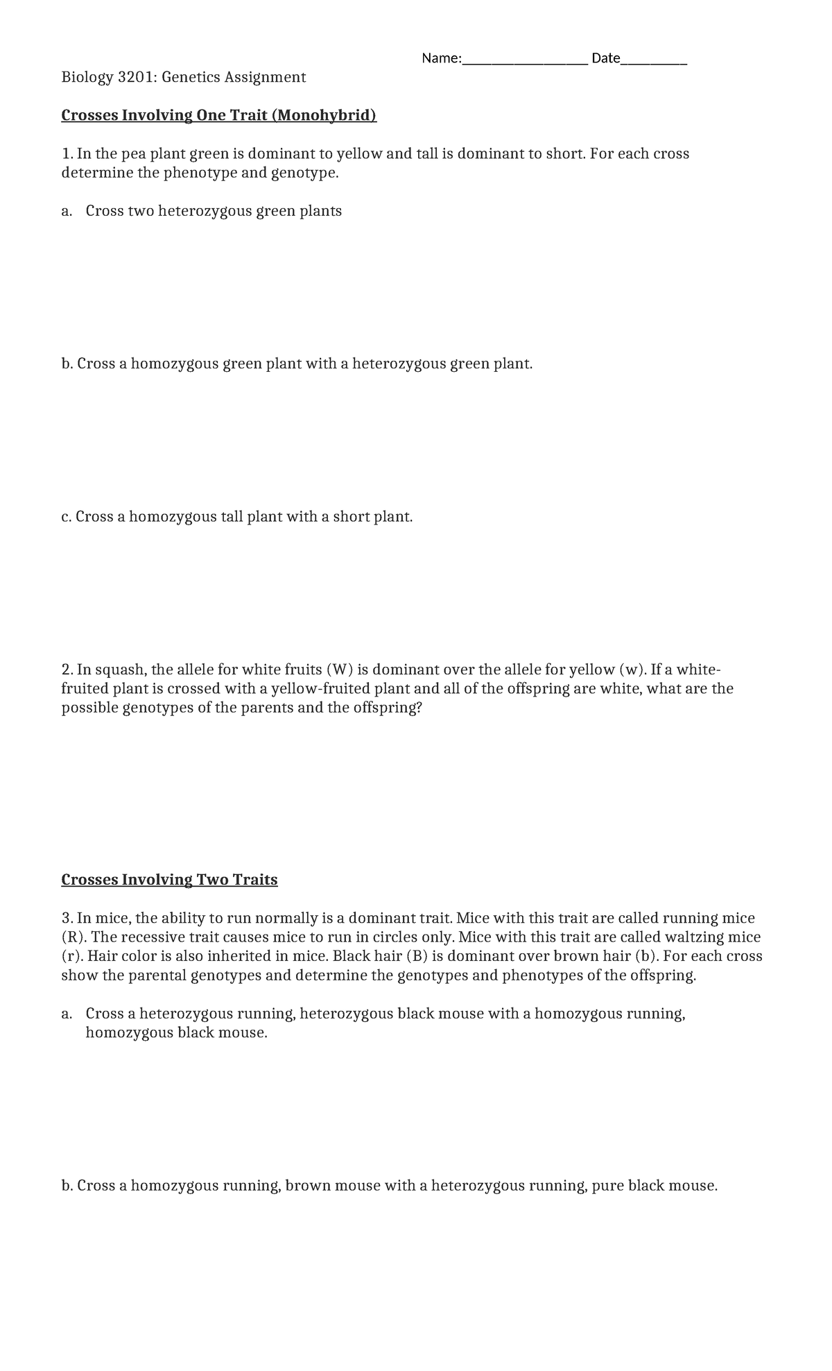 Genetics assignment final - Biology 3201: Genetics Assignment Crosses ...