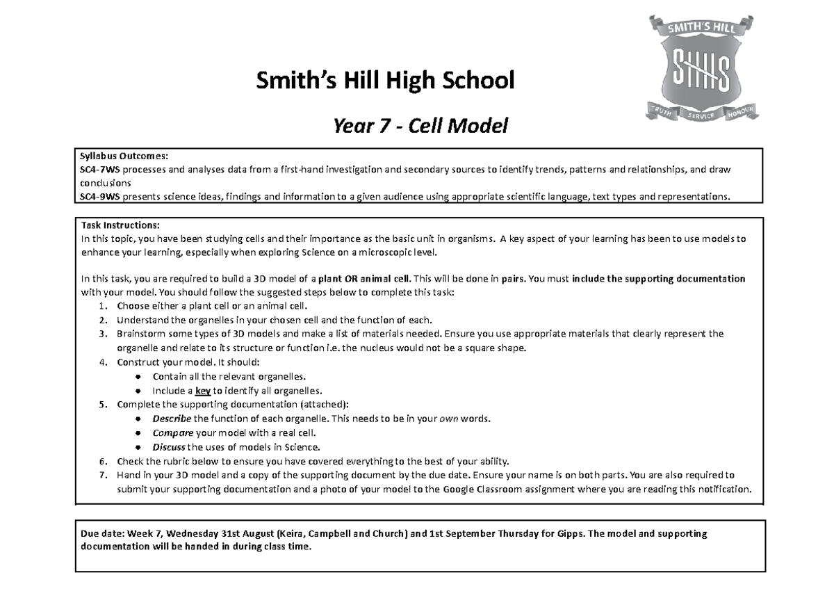 2022 Cell model assessment - Smith’s Hill High School Year 7 - Cell ...