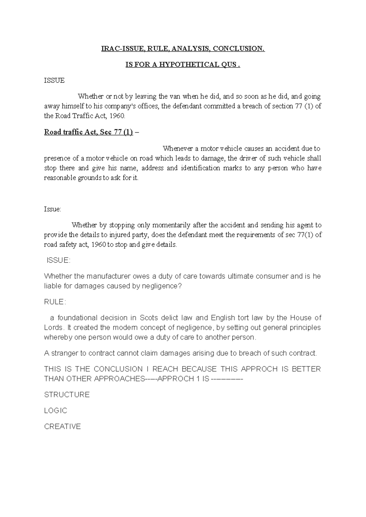 Issue - case summary - IRAC-ISSUE, RULE, ANALYSIS, CONCLUSION. IS FOR A ...