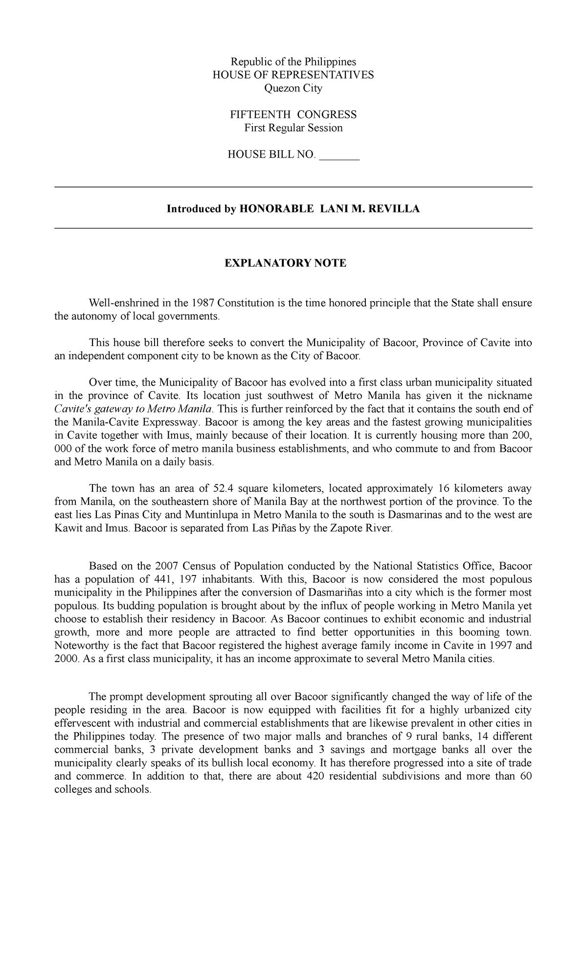 H.b. no.521 Creating City of Bacoor - Republic of the Philippines HOUSE ...