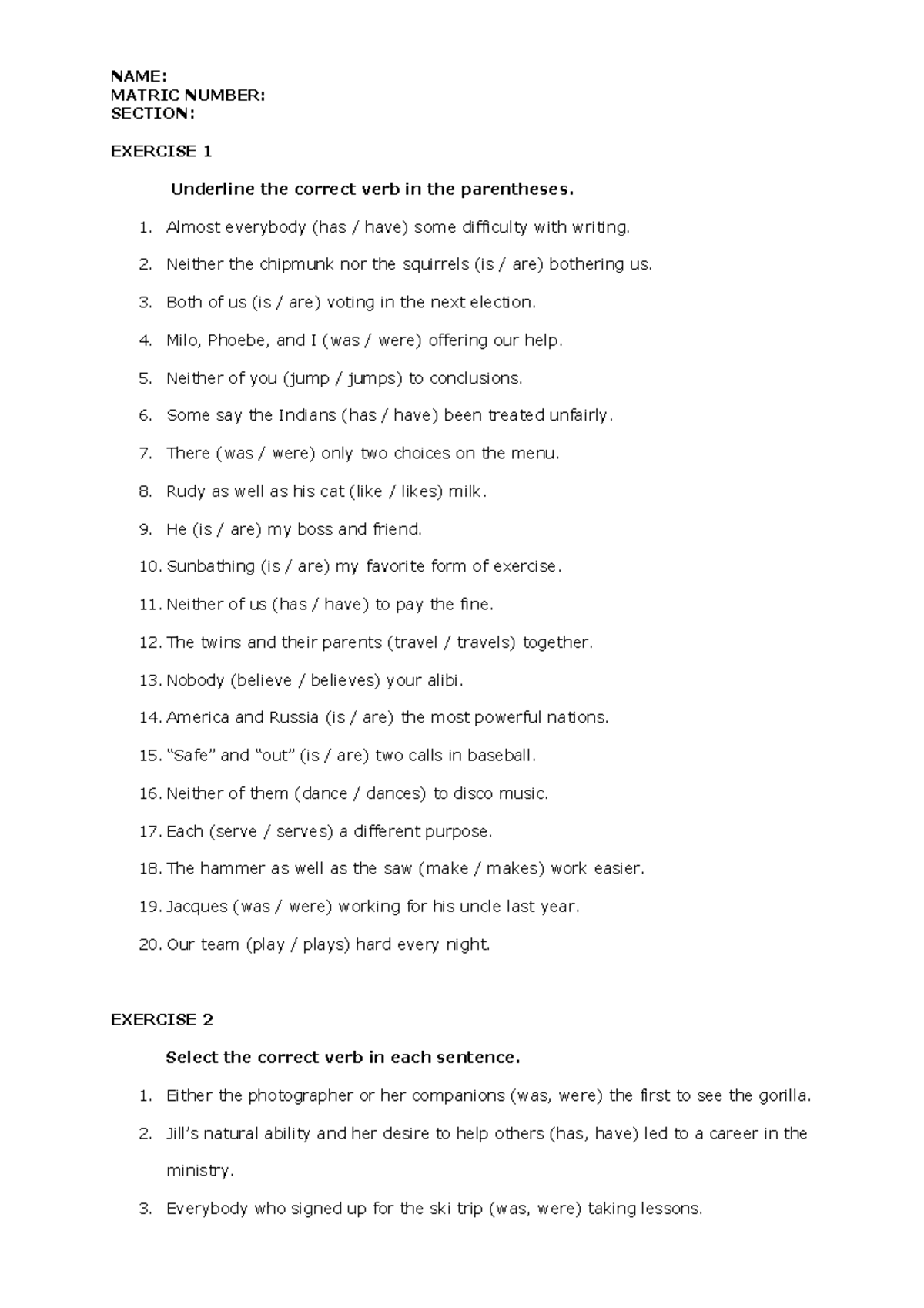 Revision ON SVA - practise grammar - english - UTM - Studocu