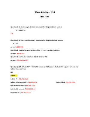 Lecture 4 Class Activity -part 1 - Class Activity – IPv NET - Question 1: Do the binary to ...