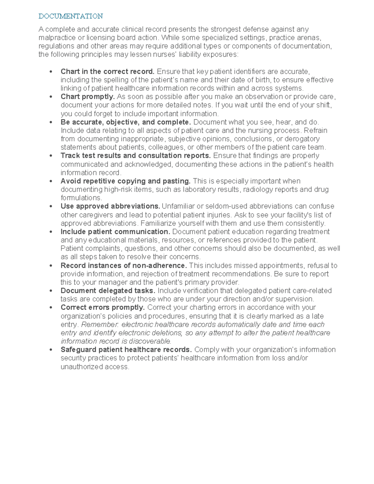 2-Documentation Pointers - DOCUMENTATION A complete and accurate clinical record presents the ...