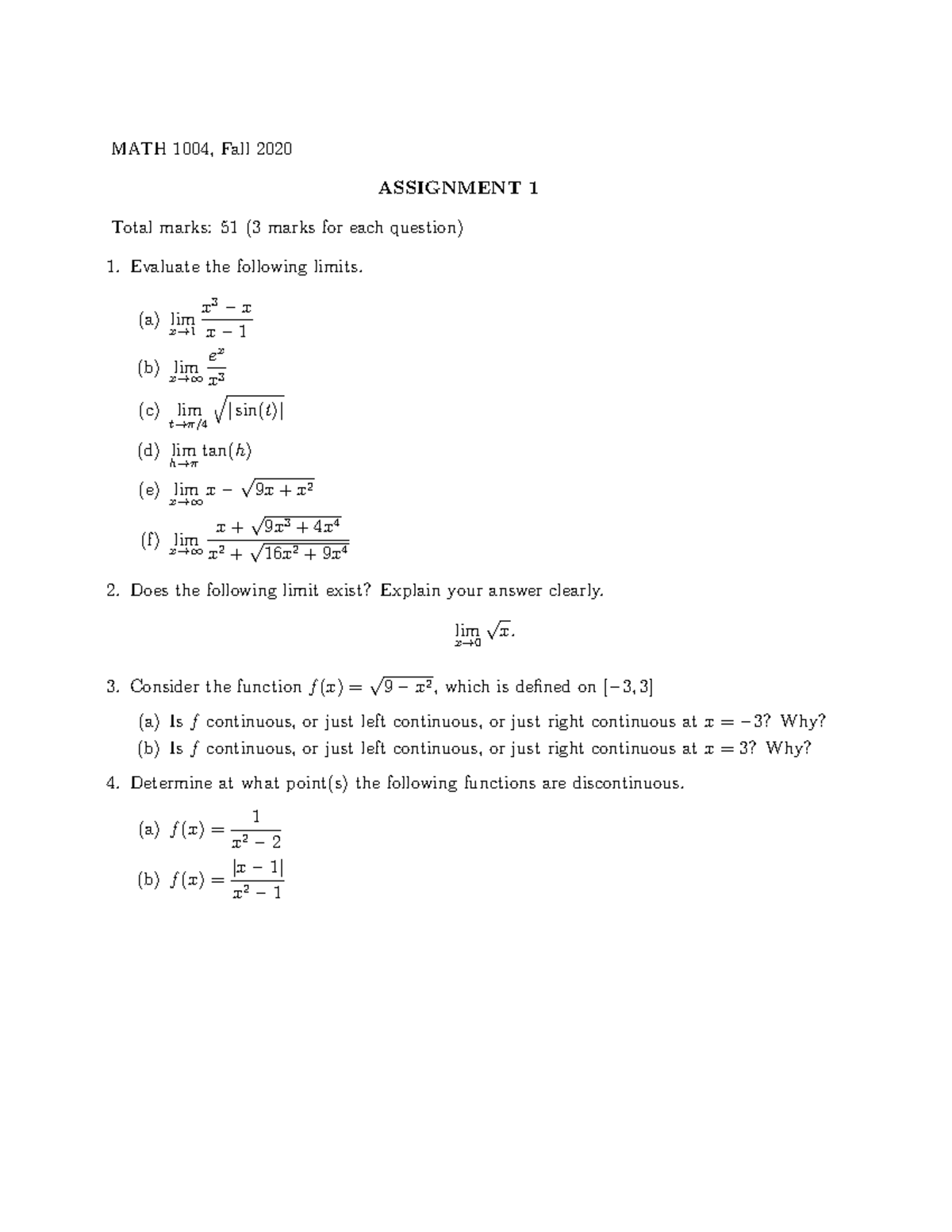 Assignment 1 Math1004 - assigment 1 - MATH 1004, Fall 2020 ASSIGNMENT 1 ...