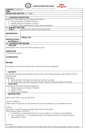 newton's first law of motion - LESSON PLAN ENGLISH 9 I. OBJECTIVES At ...