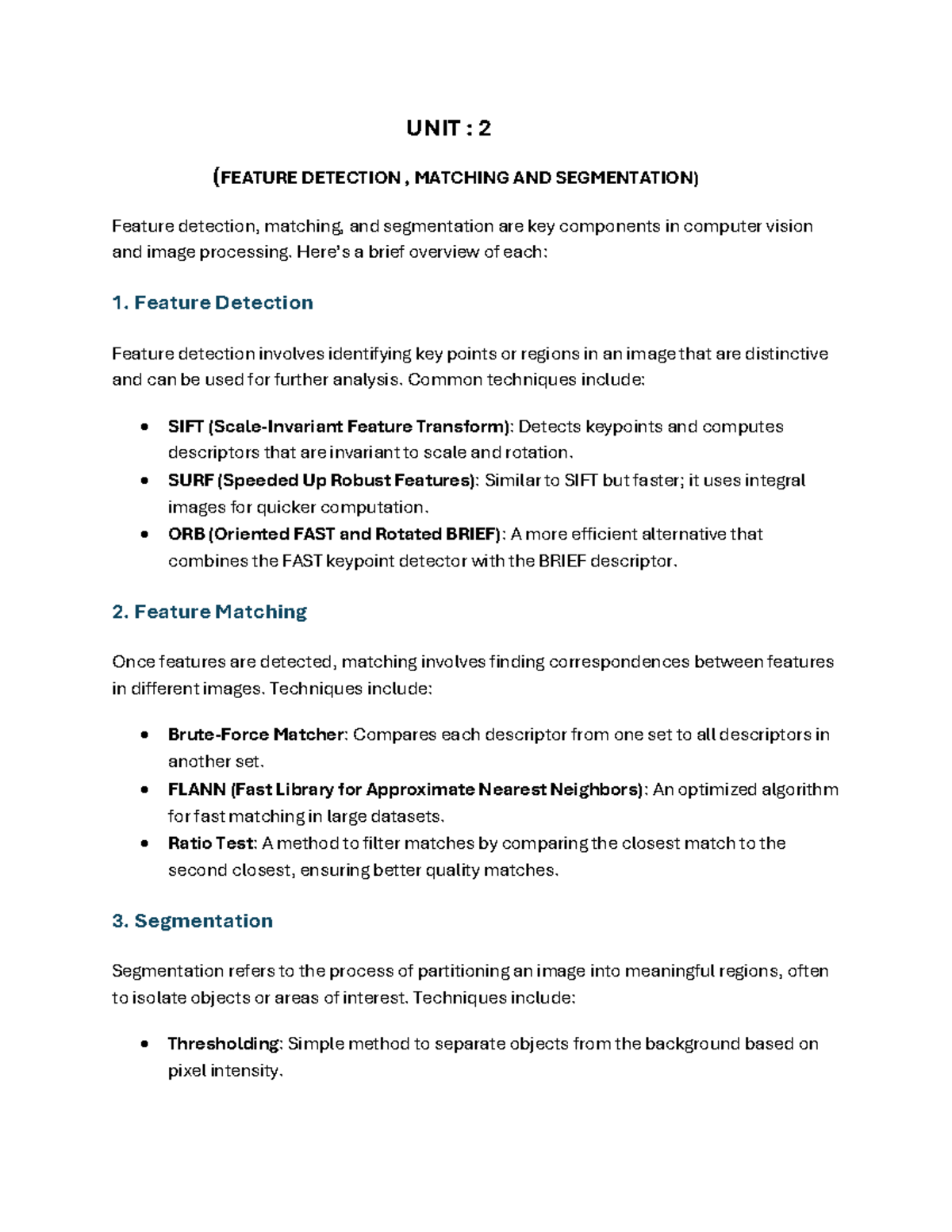 UNIT 21 - AICV UNIT 2 - UNIT : 2 (FEATURE DETECTION , MATCHING AND SEGMENTATION) Feature ...