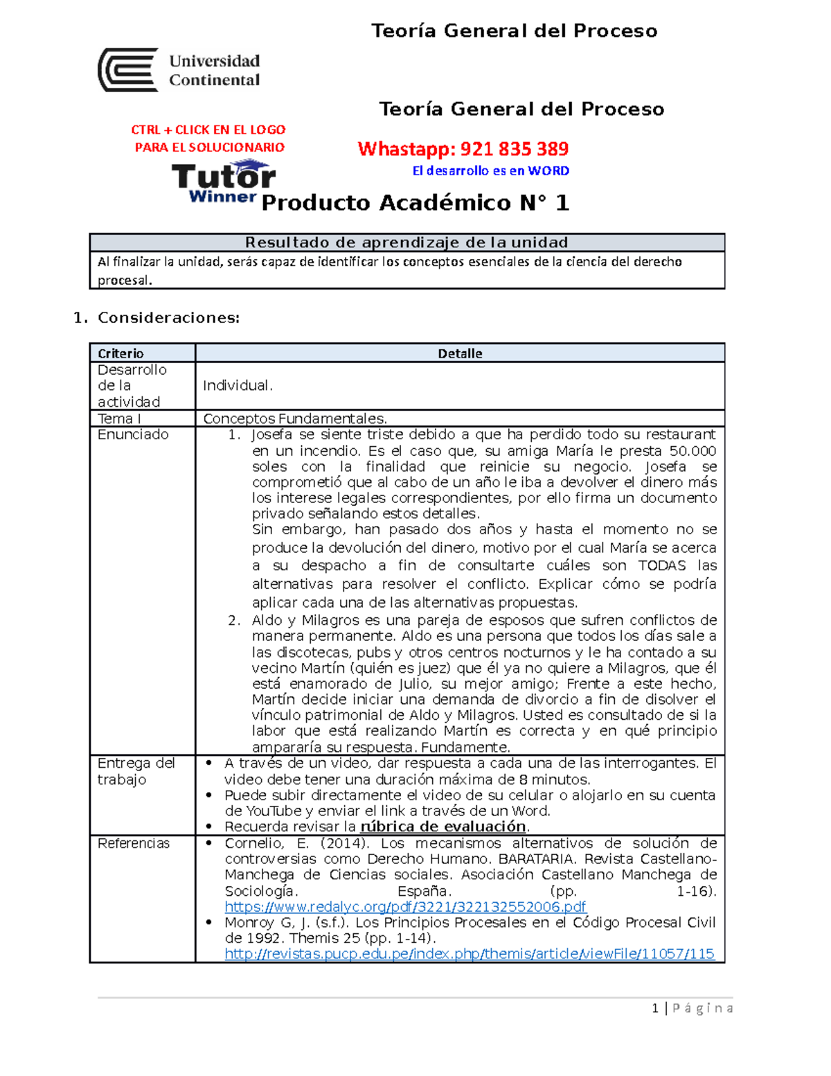 TW- Teoria General DEL Proceso PA1 v - Producto Académico N° 1 Resultado de aprendizaje de la ...
