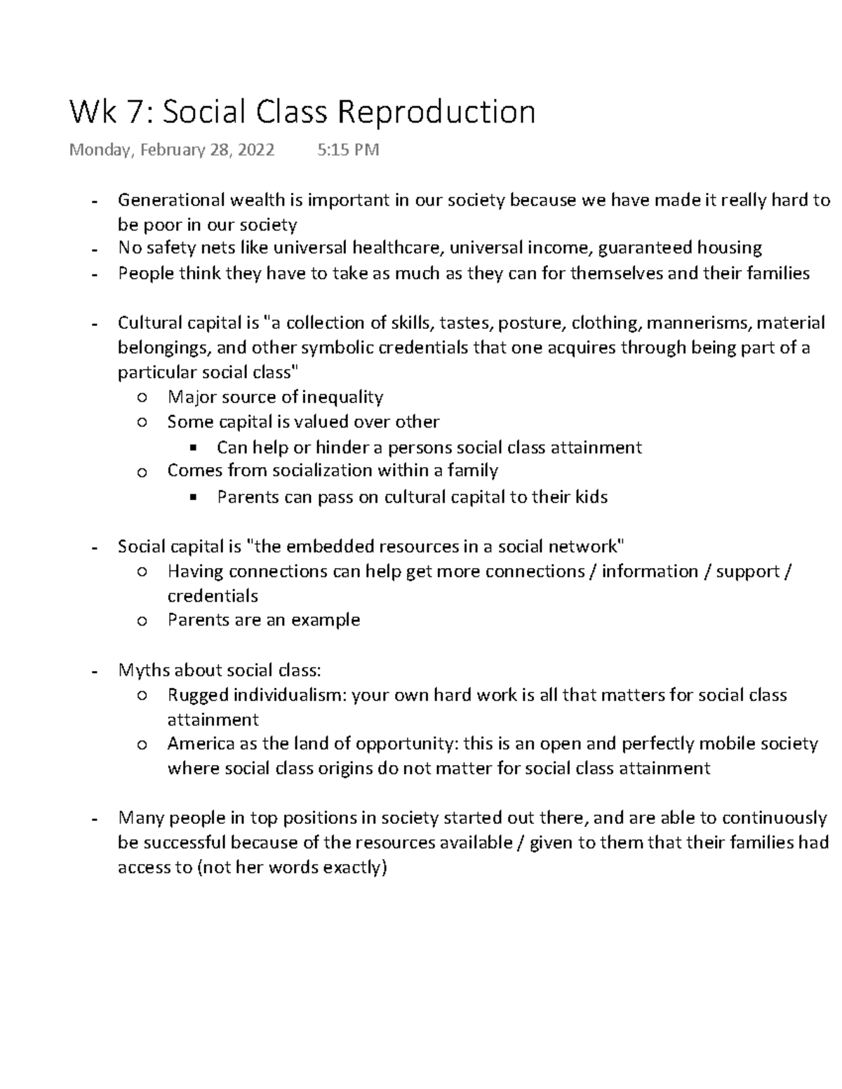 Wk 7 Social Class Reproduction - Generational wealth is important in ...