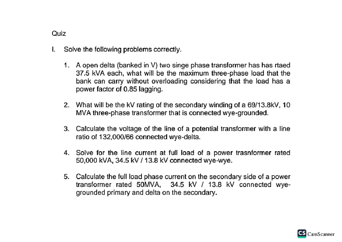 EAD QUIZ 2 - Sample problem for reference - Electrical Apparatus and ...