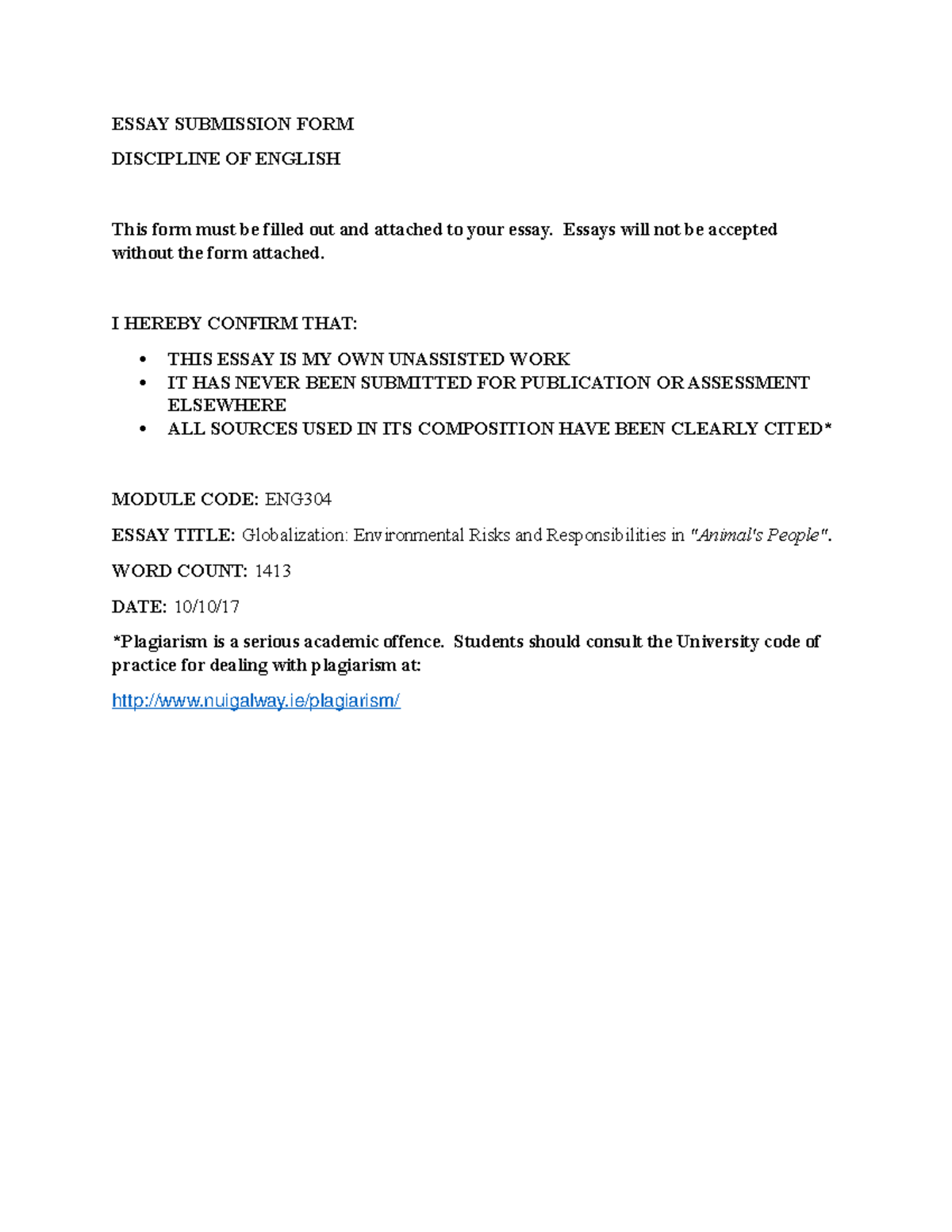 Essay 3-ENG304 - Grade: 71% - ESSAY SUBMISSION FORM DISCIPLINE OF ...