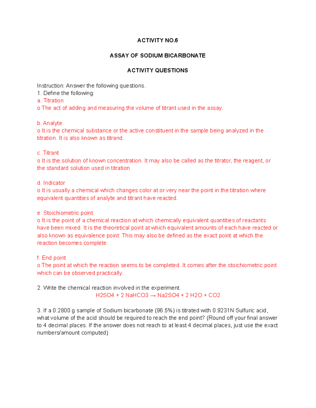 CHE029 POST LAB Question Answers (P2) - ACTIVITY NO. ASSAY OF SODIUM ...