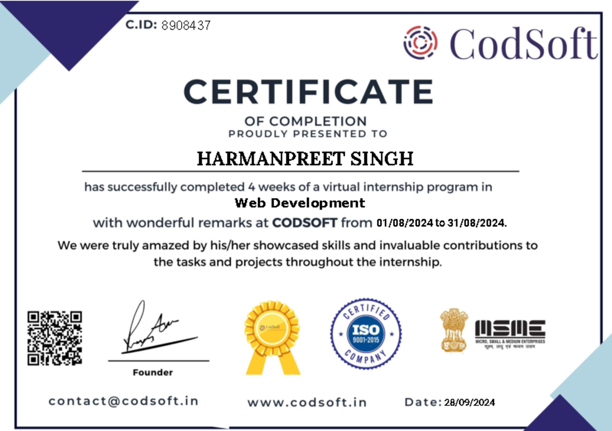 Harmanpreet Singh - Jensn - C: 8908437 CodSoft CERTIFICATE OF COMPLETION PROUDLY PRESENTED TO ...